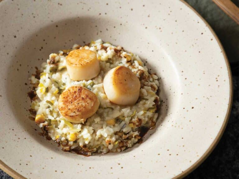 Seared Scallops on Corn and Leek Risotto Recipe | Marlin